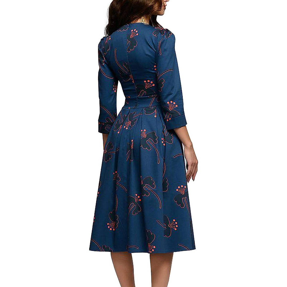 Simple Flavor Women's Floral Evening Flare Vintage Midi Dress 3/4 Sleeve (0658BL, M)