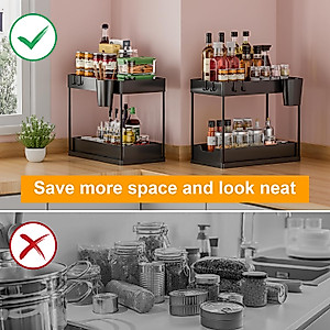 GORLDE Under Sink Organizers and Storage,2 Tier undersink organizers with Pull Out Sliding Drawers,Multi-purpose Bathroom Kitchen Under Cabinet Organizer with Hooks Hanging Cup,Black