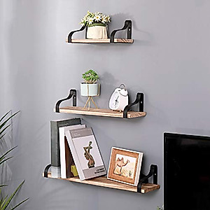 Hybition Floating Shelves, Set of 3 Rustic Wood Shelves, Wall Mounted Shelf for Wall, Bedroom, Living Room, Bathroom and Plants (Carbonized Black)