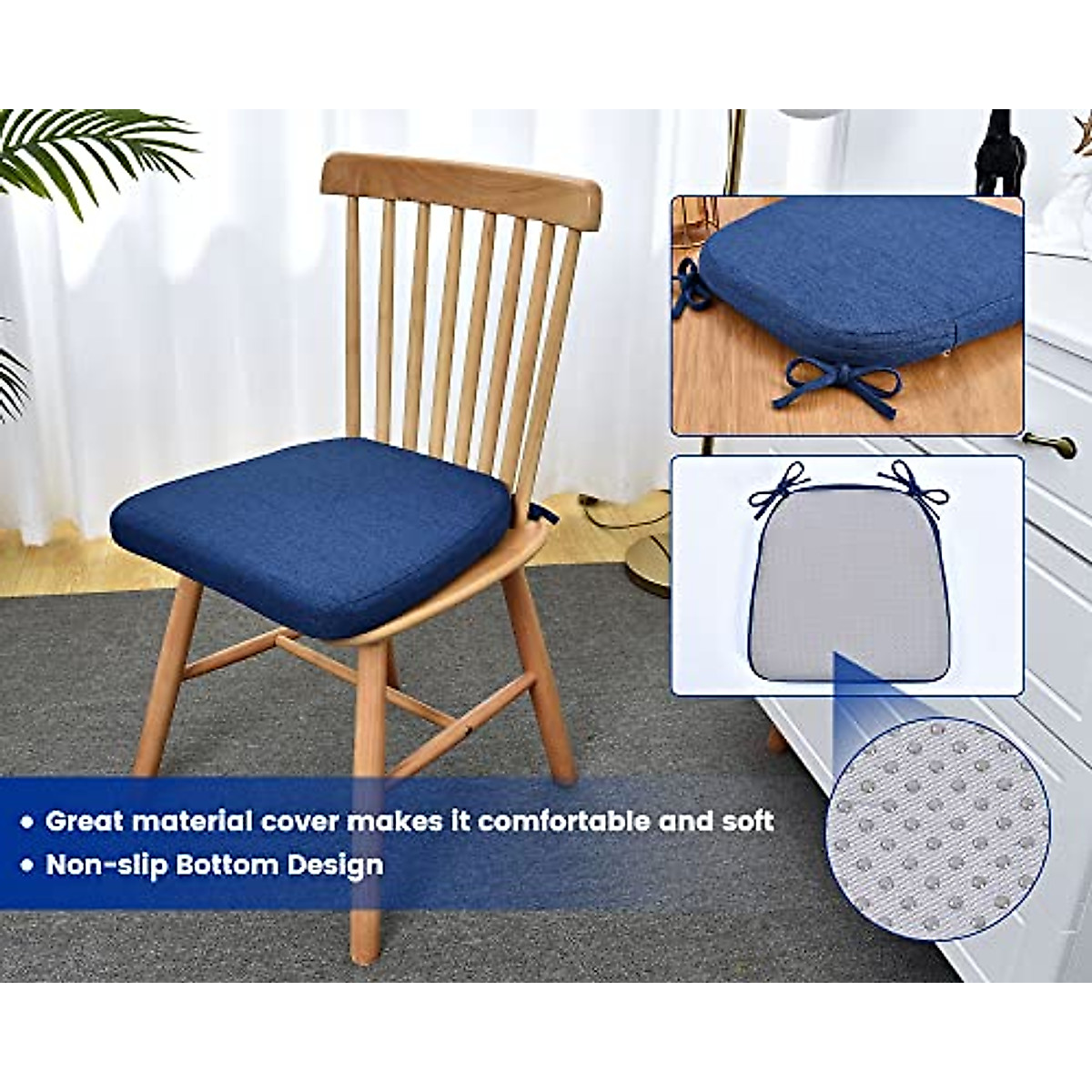 COSNUOSA Kitchen Chair Cushions Dining Chair Cushions with Ties Non Slip Kitchen Dining Chair Pads Seat Cushion Set 17 x 16 Inches Navy Blue 4 Pcs