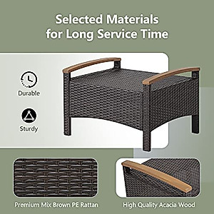 RELAX4LIFE Outdoor Wicker Ottomans for Patio - 2 Pieces PE Rattan Ottoman, Footrest Seat with Zippered Cushions, Acacia Wood Handles, 3-in-1 Footstool, Side Table for Poolside, Backyard (Off White)