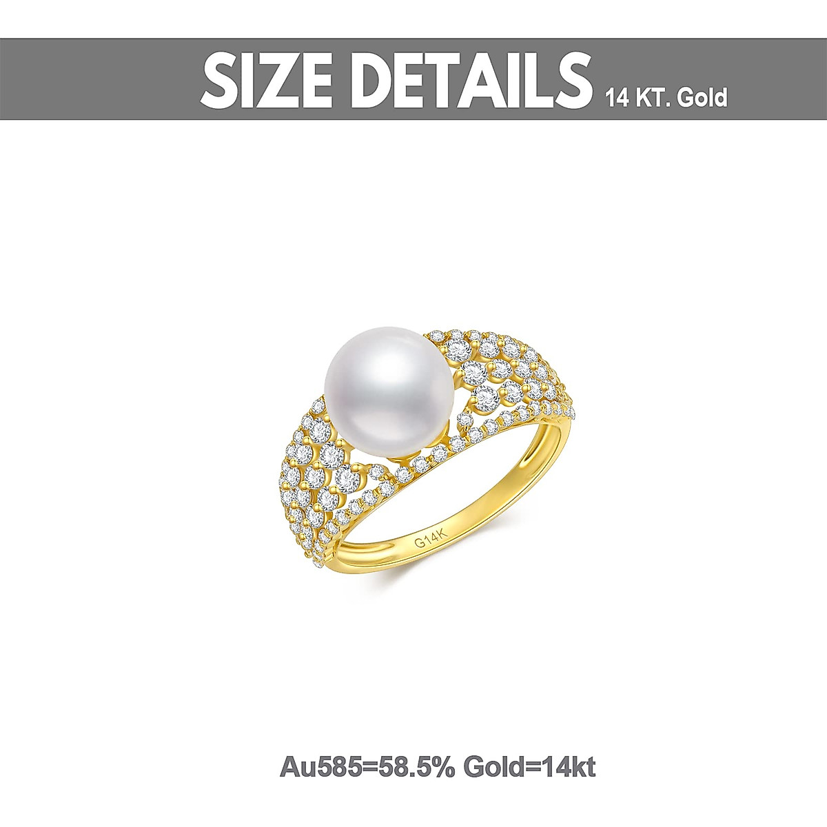 SISGEM Solid 14K Gold 9MM Freshwater Pearl Wedding Ring for Women,Yellow Gold 5A CZ Pearl Engagement Ring/Wedding Anniversary Birthday Gifts for Her,Size 5-11