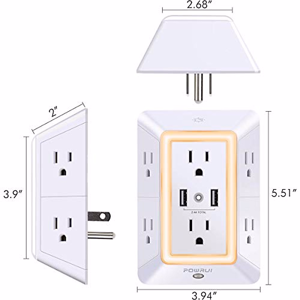 USB Wall Charger, Surge Protector, POWRUI 6-Outlet Extender with 2 USB Charging Ports (2.4A Total) and Night Light, 3-Sided Power Strip with Adapter Spaced Outlets - White，ETL Listed