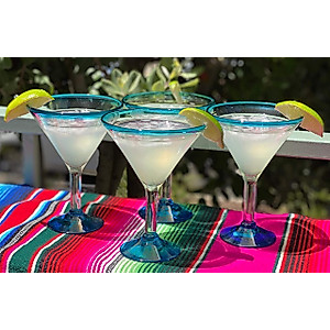 Mexican Hand Blown Glass – Set of 4 Hand Blown Modern Margarita Glasses - Aqua Rim (12 oz)