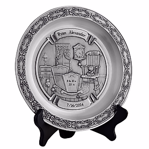Let's Make Memories Personalized Pewter Baby Plate - Welcome Newborn - Celebrate New Baby - Nursery Decor - Customize Name, Weight, Length, Birthdate, Time of Birth - 9" Dia