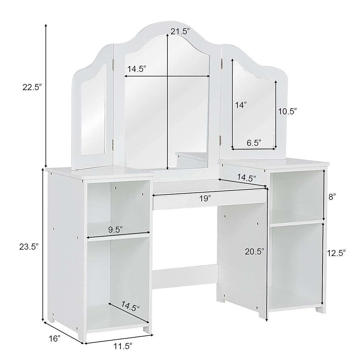 GOFLAME Kids Vanity Table, 2 in 1 Detachable Design with Dressing Table and Writing Desk, Princess Makeup Dressing Table with 4 Large Storage Shelves and 3-Panel Mirror for Kids and Girls (White)