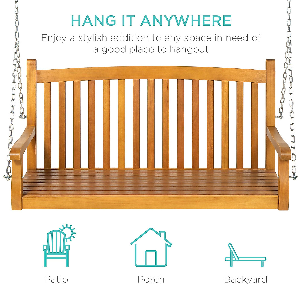 Best Choice Products 48in Wood Porch Swing Outdoor Patio Hanging Bench Chair Furniture for Deck, Garden, Yard w/Mounting Chains, Curved Back Design, 500lb Weight Capacity - Brown