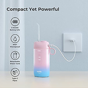 usmile Water Flosser, USB Rechargeable Portable Water Flosser for Teeth Cleaning, Water Dental Flosser Cordless with Detachable Water Tank for Home & Travel, C1 Pink