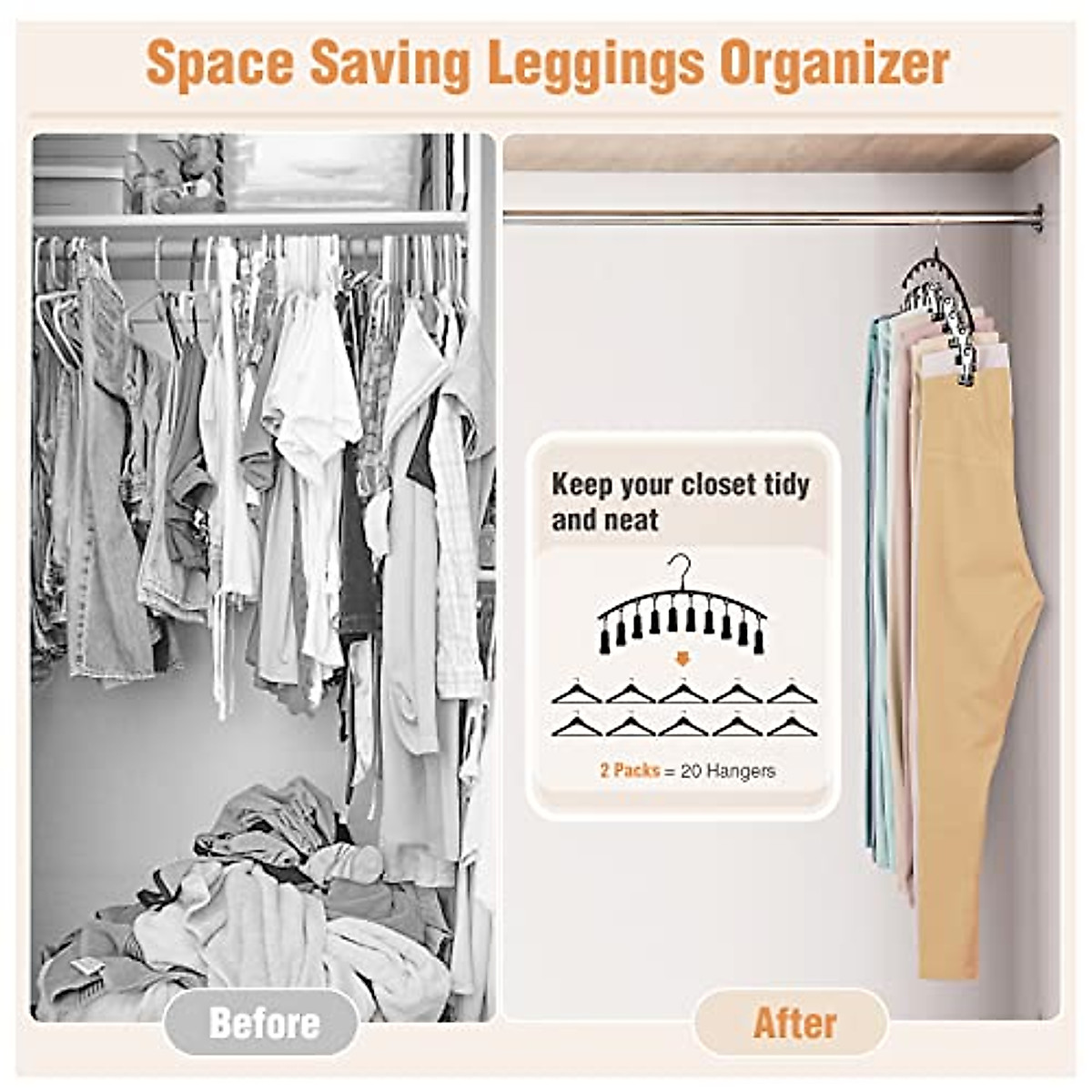 Legging Organizer for Closet, RELBRO 2 Packs Closet Leggings Hangers with 20 Rubber Coated Clips Multifunctional Closet Organizer with 360° Rotatable Hook for Pants Shorts Hats Tanks - Black