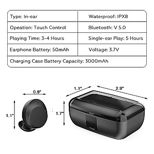 Bluetooth 5.0 Wireless Earbuds with Wireless Charging Case IPX8 Waterproof TWS Stereo Earphones Premium Sound Cordless in-Ear Built in Mic Headset Hands-Free Call Microphone for Sport Black