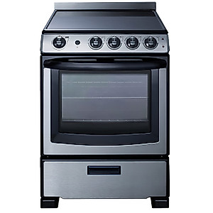 Summit Appliance REXH24RSS 24" Wide Electric Range and Convertible Hood Set, Push-to-turn Knobs, 4 Cooking Zones, Stainless Steel Hood, Adjustable Racks, Smooth Ceramic Glass Top, Boiler Tray