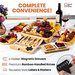 Cheese Board - 2 Ceramic Bowls 2 Serving Plates. Magnetic 4 Drawers Bamboo Charcuterie Cutlery Knife Set, Round Tray, 2 Forks, Wine Opener, Labels, Markers, Gift for Birthdays, Weddings, Housewarming