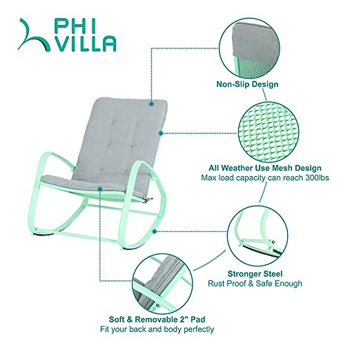 PHI VILLA Outdoor Patio Metal Rocking Chair, Padded Modern Rocker Chairs with Cushion, Support 301lbs for Porch, Deck, Balcony or Indoor Use (2PCS, Green)