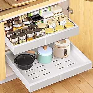 Ancaixin Pull Out Cabinet Organizer, 21" Deep Expandable (12"-21") Pull Out Drawers for Cabinets with Adhesive, Slide Out Drawers Roll Out Shelf for Kitchen, Bathroom, Under Sink Storage(White,2PC)
