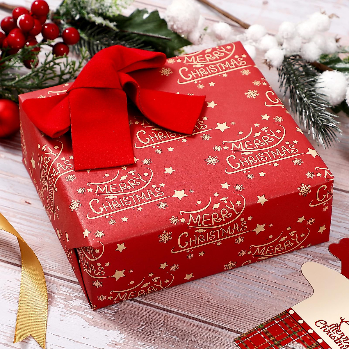 PlandRichW Christmas Wrapping Paper 12 Sheets of Folded Brown Kraft Paper with Red and Green, Greetings, Snowman, Plaid, Stripes, Christmas Elements Collection, 20 X 29 Inches Each