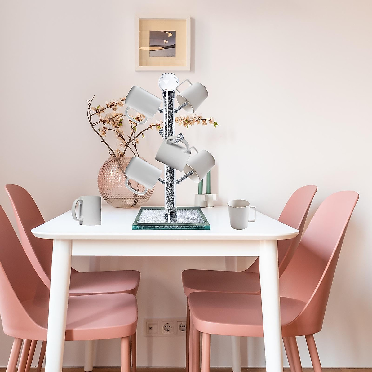 Coffee Mug Tree Rack，Crushed Diamonds Coffee Mug Holder Tree，Vertical Bottle Dryer Rack ,Tree Branch Shaped Crystal Glass Bottle Dryer，Coffee Cups Rack with 6 Hooks，Mug Rack for Kitchen Cafe（silver）