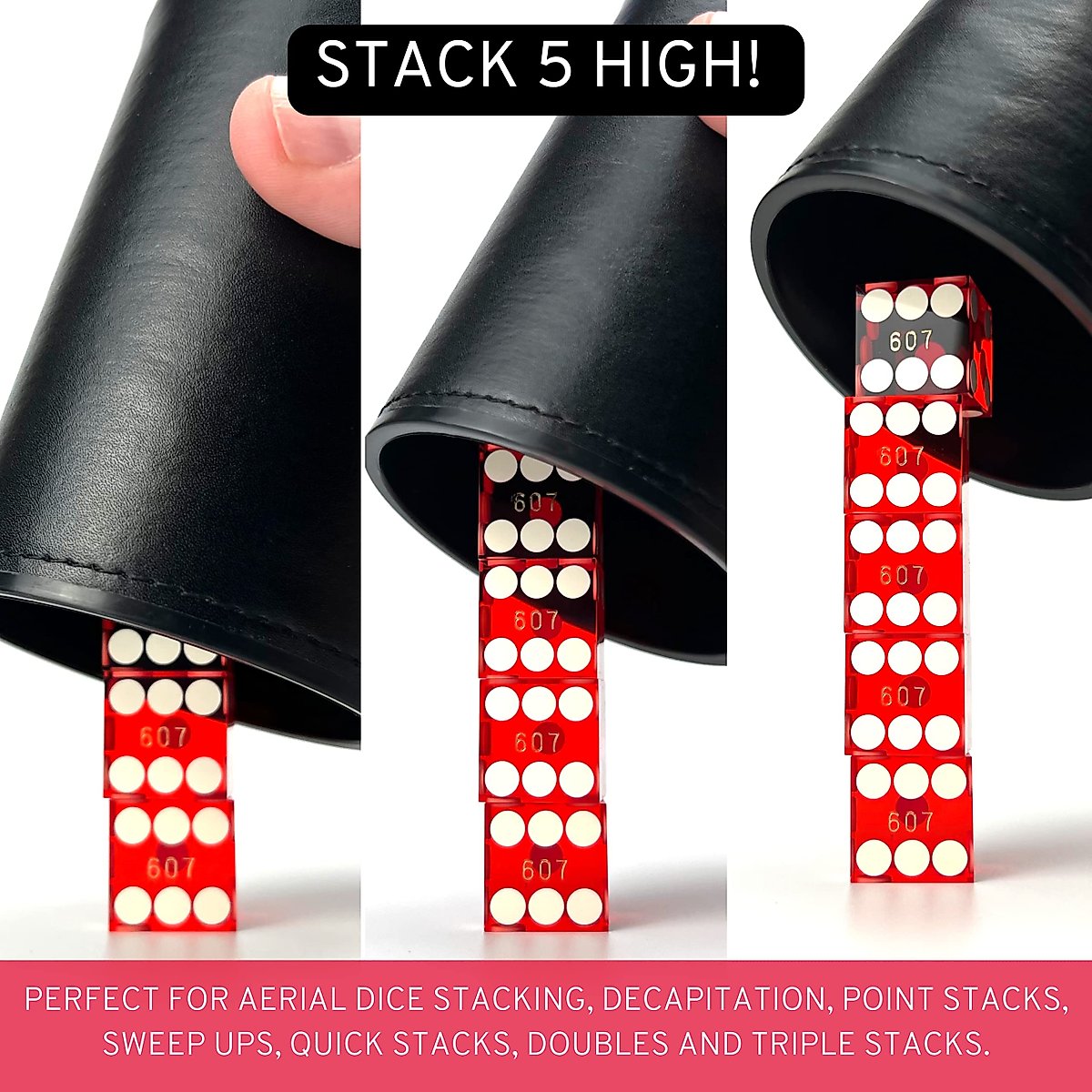 Luck Lab Black Leather Dice Stacking Cup with 5 Serialized Razor Edge 19 mm Casino Dice - Pro Straight Cup for Stacking and Magic Tricks (Red Dice)