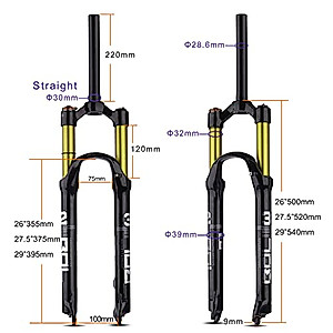 BOLANY Bike Suspension Fork MTB Bicycle Magnesium Alloy Suspension Front Fork 26/27.5/29 inch, 120mm Straight Steerer and Tapered Steerer Air Fork (26, Straight-Manual)