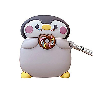 UR Sunshine AirPods 1/2 Case, Cute Standing Grey Penguin Holding Donut in Hand Shape AirPods Cover Case, Soft Silicone Gel Kawaii Puppy Charging Earphone Case for AirPods 1/2 +Hook