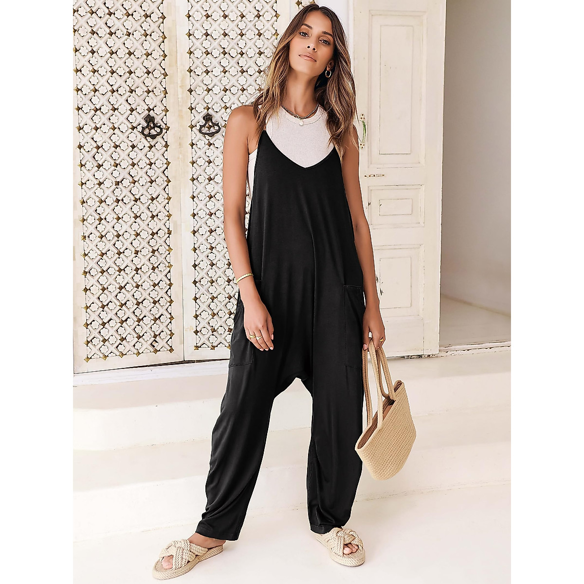 ANRABESS Jumpsuits for Women Casual Summer Overalls Sleeveless Spaghetti Strap Romper Jumpers Trendy Beach Vacation Outfits Black Large