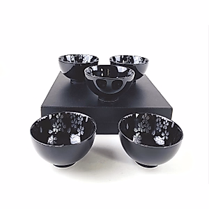 JapanBargain 4690, Japanese Porcelain Rice Bowls Gift Set,Cherry Blossom Sakura Pattern Miso Soup Bowls, Black and Silver Color, Set of 5, Made in Japan
