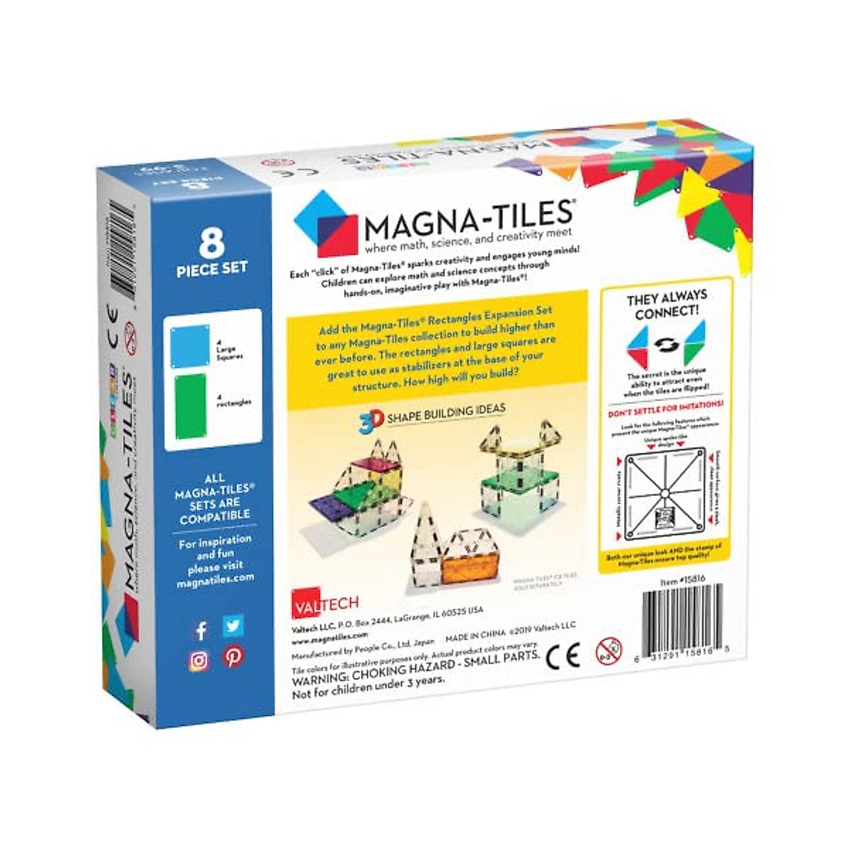 Magna Tiles Rectangles Expansion Set, The Original Magnetic Building Tiles for Creative Open-Ended Play, Educational Toys for Children Ages 3 Years + (8 Pieces)