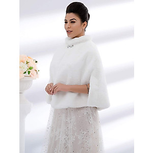 Aukmla Faux Fur Wrap Bridal Wrap Stole Wedding Fur Shrug Faux Fur Cape with Stunning Rhinestones Brooch (White)