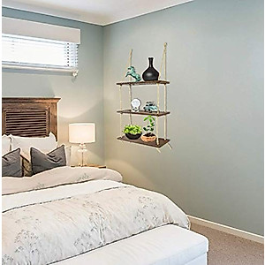 Greenco Decorative Rustic Jute Rope Wall Hanging Floating Shelves, Distressed Wood, 3 Tier .