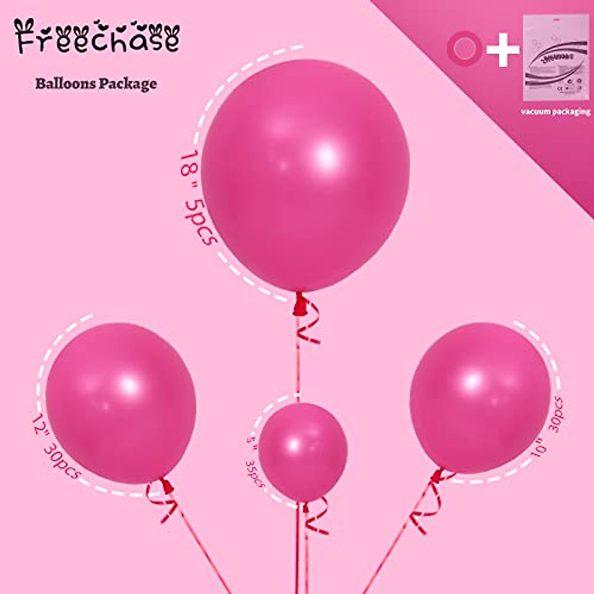 Freechase 100pcs Hot Pink Latex Balloons - 5+10+12+18 inch Pink Balloon Arch Kit Balloon Garland for Birthday Decoration, Baby shower, Graduation Party, Valentines Day, Gender Reveal