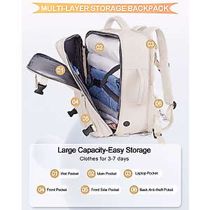 Getravel Travel Backpack For Women, Airline Approved Personal Item Bag, Carry On Backpack,17 Inch Laptop School Backpack, Waterproof Casual Overnight Bag, Hiking Backpack (Beige)