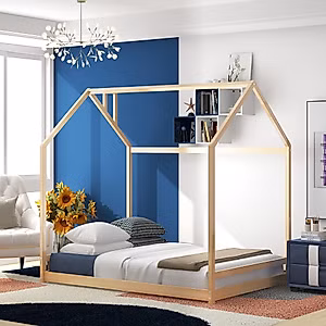 Harper & Bright Designs Montessori House Bed Twin for Kids, Toddler House Bed with Roof,Wood Floor Bed Frame for Girls Boys Bedroom Furniture, Box Spring Needed,Natural