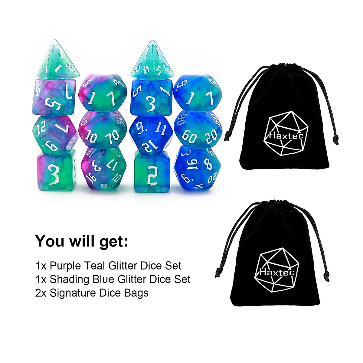 Haxtec 14PCS Glitter DND Dice Set Purple Blue Polyhedral RPG Dice for Dungeons and Dragons Gift