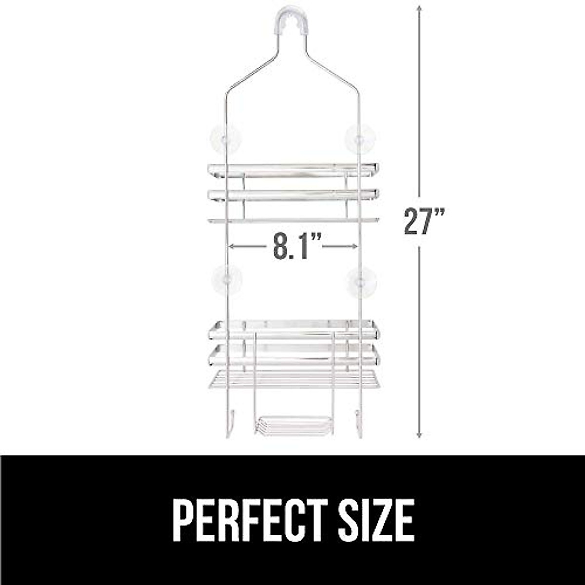 Gorilla Grip Anti-Swing Oversized Shower Caddy, Rust Resistant Organizer, Holds 11 lbs, Strong Suction Cups, Hooks, Easy Hanging Bathtub Shampoo and Accessories Caddies for Showerhead, 3 Shelf, White