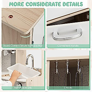 HONEY JOY Kids Wooden Kitchen Playset with Range Hood, Microwave, Sink, Utensils, Phone - With Lights & Sounds