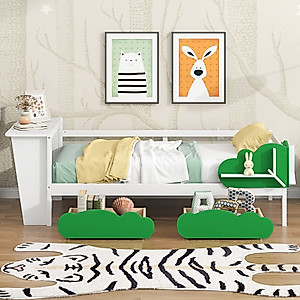 FIQHOME Twin Size Daybed with 2 Storage Drawers and Desk, Wood Kids Twin Bed Frame with Green Leaf Shape Shelves, Twin Sofa Bed Frame for Kids Girls Boys, No Spring Box Required, White