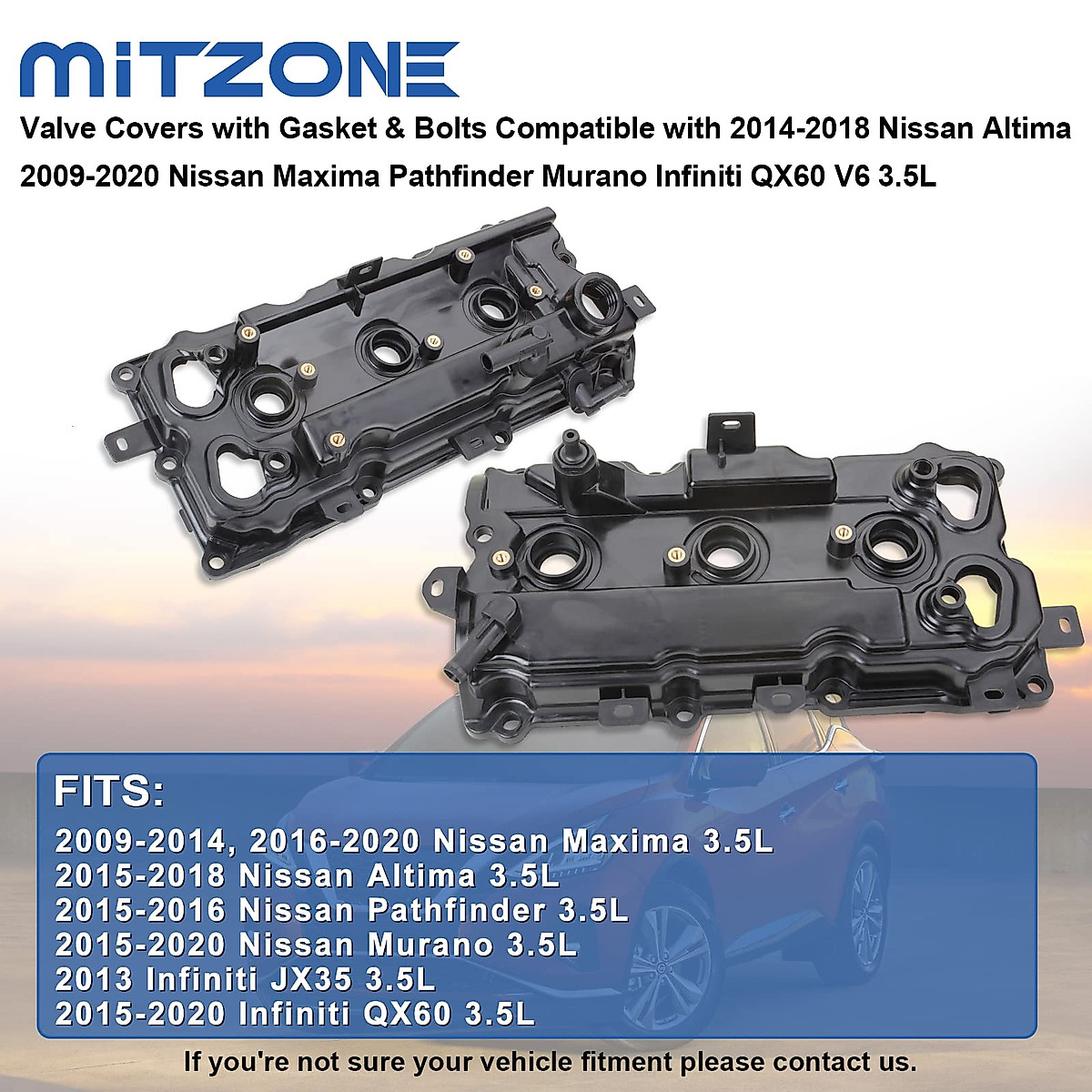 MITZOEN Valve Covers with Gasket & Bolts Compatible with 2014-2018 Nissan Altima 2009-2020 Nissan Maxima Pathfinder Murano Infiniti QX60 V6 3.5L Replace # 13264-9N00A 13264-9N00B