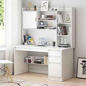 Modern Home Office Desk with Storage Shelf, Writing Desk Table Study Desk Workstation with Hutch and Bookshelf,Computer Desk PC Laptop Desk with Shelves(120x45x163cm(47x18x64), White)