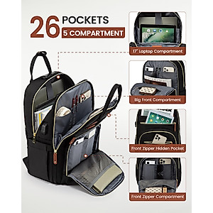 LOVEVOOK Laptop Backpack for Women & Men, Unisex Travel Anti-theft Bag Business Computer Backpacks Purse College Bag, Casual Hiking Daypack with Lock, 17 Inch, Black