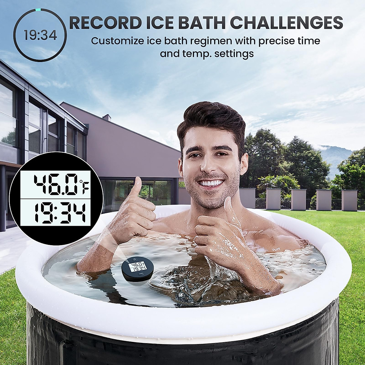 Ice Bath Thermometer, Water Bath Thermometer for Ice Bath, Cold Plunge Thermometer and Waterproof Timer, Floating Thermometer Gauges, Water Temperature Thermometer - Black