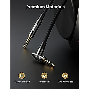 UGREEN 3.5mm Audio Cable Hi-Fi Sound Stereo Nylon Braided Male to Male Aux Cord 90 Degree Aux Cable Gold Plated Compatible with iPod iPad Tablets Headphone Speakers Home Car Stereos, 3FT