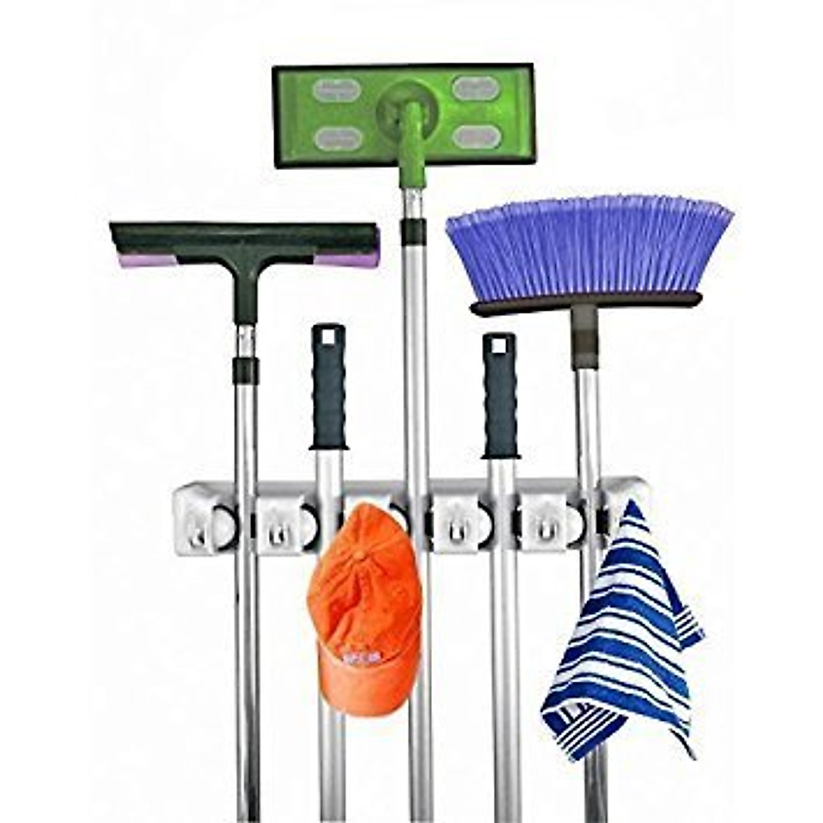 Mop and Broom Holder, 5 Position with 6 Hooks Garage Storage Holds up to 11 Tools, Storage Solutions for Broom Holders and Garage Storage Systems Broom Organizer for Garage Shelving Ideas