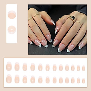 24Pcs French Tip Press On Nails, Medium Almond Tips Acrylic Full Cover White Glossy Nude Reusable Glue On Nails for Women Girls