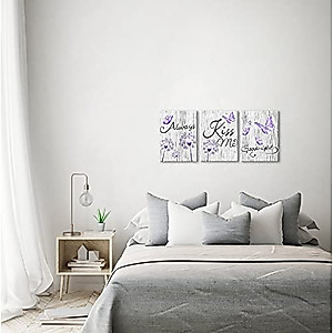 Kalormore Bedroom Picture Decoration Fancy Purple Dandelion Butterfly with Elegant Always Kiss Me Goodnight Painting Rustic Grey Wooden Textured Giclee Canvas Wall Art Decor Ready to Hang