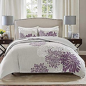 Comfort Spaces Enya Quilt Set - Casual Floral Print Channel Stitching Design, All Season, Lightweight Coverlet, Cozy Bedding, Matching Shams, Decorative Pillows, Full/Queen(90"x90"), Purple 3 Piece