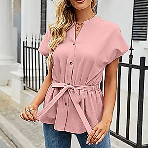 Blouses for Women Dressy Casual Summer,Women Summer Fashion Casual Striped Printed T-Shirt Button Down Short Sleeve Tunic Top,T Shirts for Women Cotton Graphic