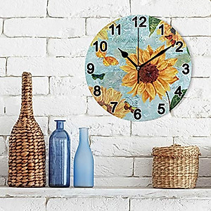 KEIGE Sunflower Flowers Fall Wall Clock 9.8 Inch Non Ticking for Girl Boy Bedroom Acrylic Round Clock for Bathroom Kitchen Living Room Office 2110047