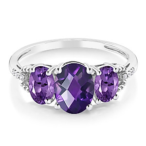 Gem Stone King 10K White Gold Oval Checkerboard Purple Amethyst and Diamond Accent 3-Stone Women Engagement Ring (1.75 Cttw, Gemstone Birthstone) (Size 7)