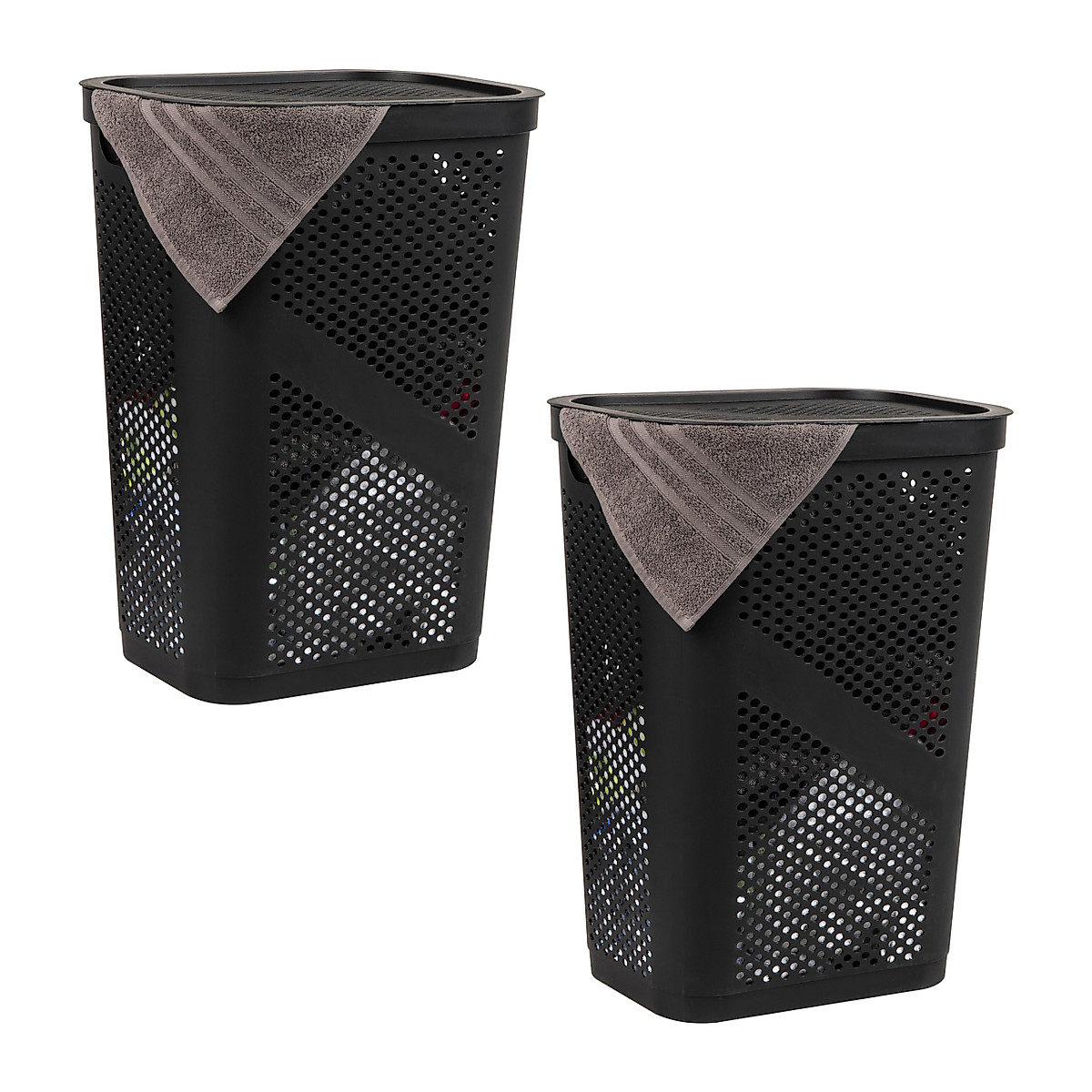 Mind Reader 60L Slim Laundry Hamper, Clothes Basket, Lid, Ventilated, Plastic, 17.25"L x 13.75"W x 23.5"H, Set of 2, Black