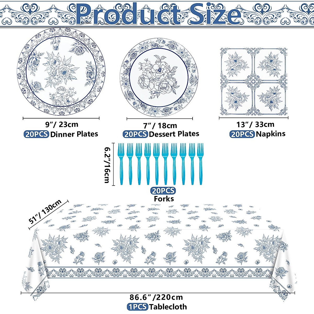 81Pcs Blue and White Flower Party Decorations, Floral Dinnerware Set, Blue and White Porcelain Plates, Napkins, Tablecloth for Bridal Birthday Baby Shower Spring Summer Tea Party Supplies, Serve 20