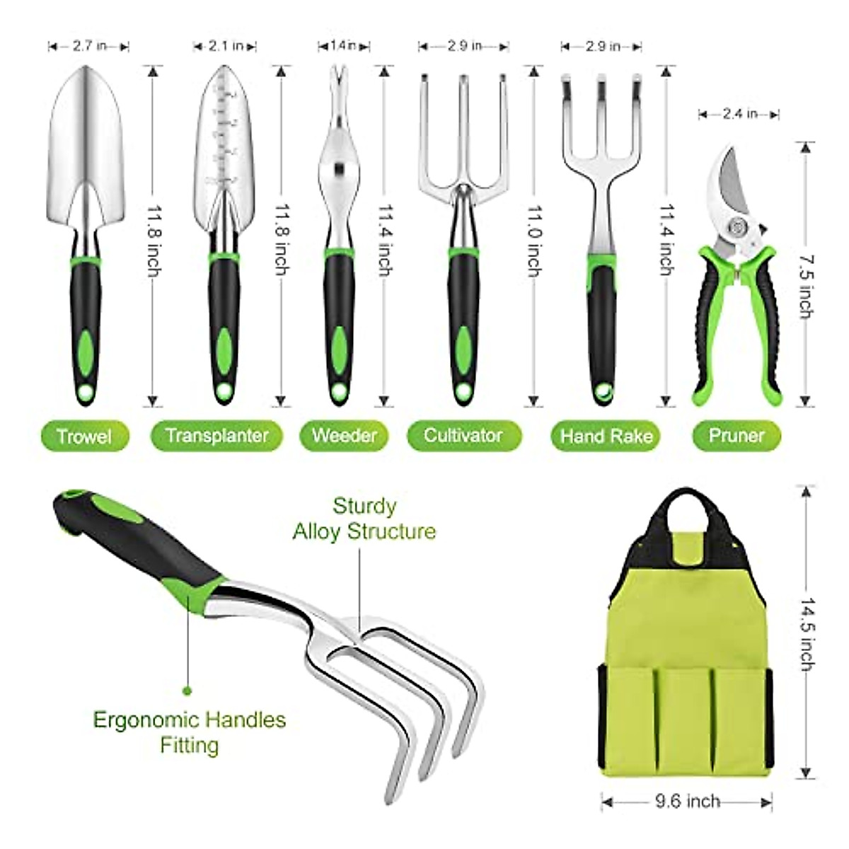 Mr Rabbi Garden Tools Set, 11 Piece Heavy Duty Gardening Tools for Gardening with Non-Slip Rubber Grip, Outdoor Hand Tools, Storage Tote Bag, Aluminum Garden Kit, Gardening Gifts for Men Women